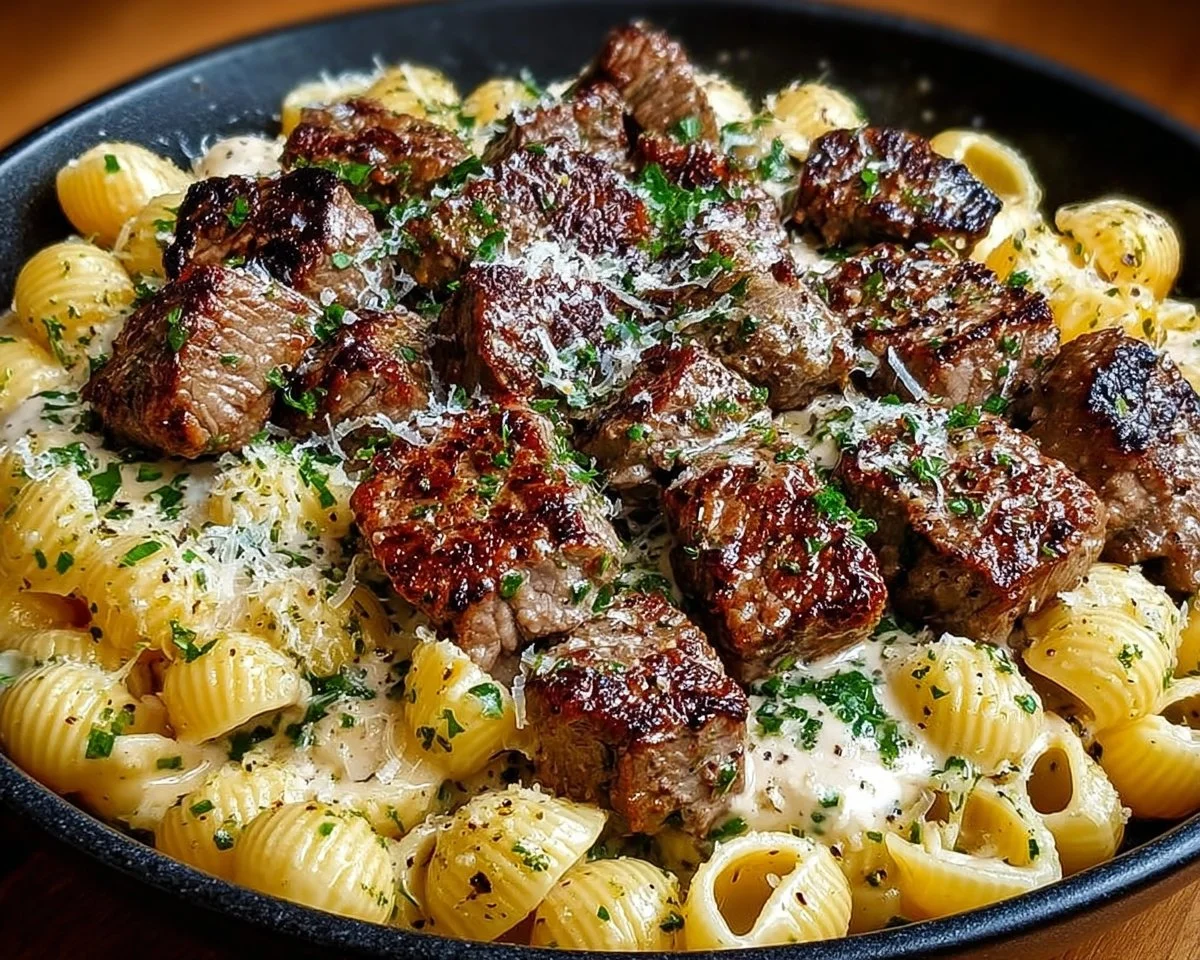 Garlic Butter Steak Bites & Creamy Parmesan Shells